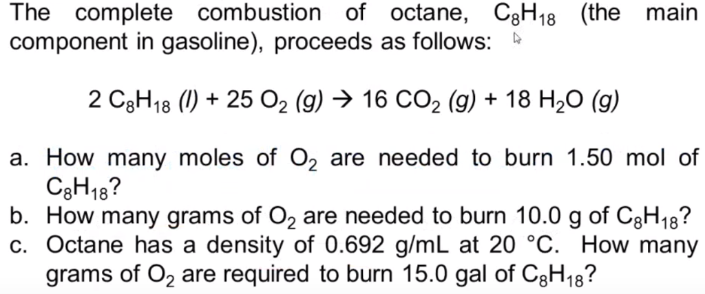 Solved The complete combustion of octane, C3H18 (the main | Chegg.com