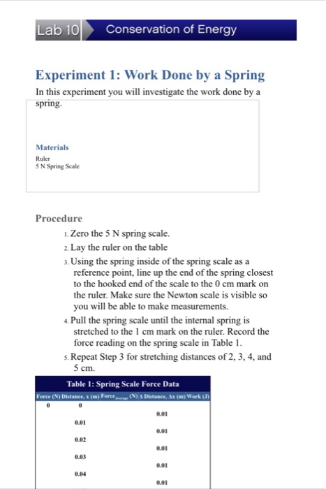 Solved Lab 10Conservation of Energy Experiment 1: Work Done | Chegg.com