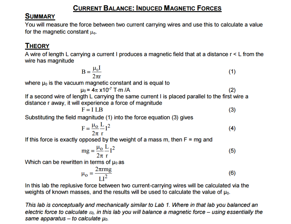 Solved CURRENT BALANCE: INDUCED MAGNETIC FoRCES SUMMARY You | Chegg.com