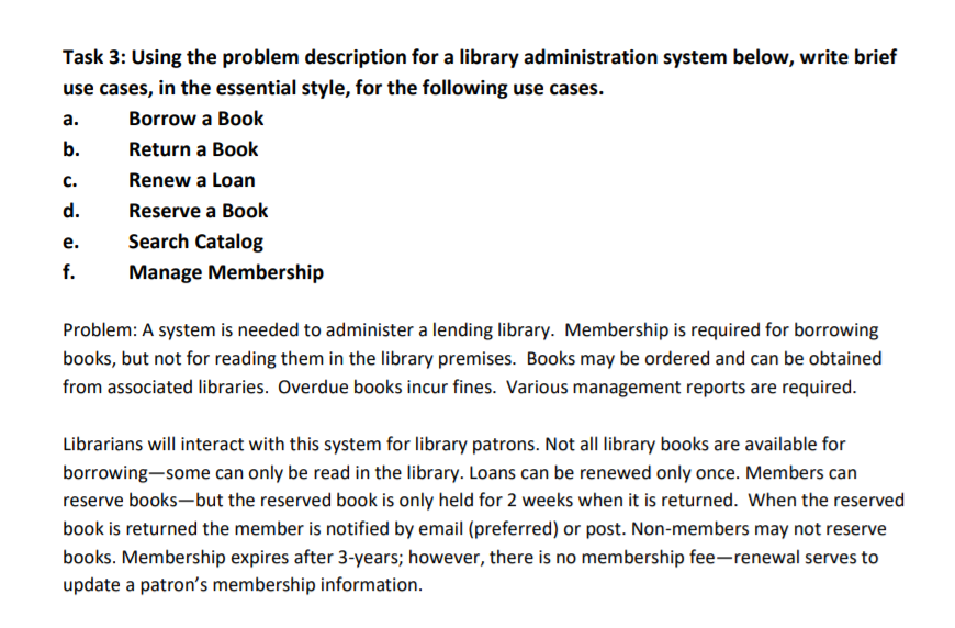 Task 3: Using the problem description for a library | Chegg.com