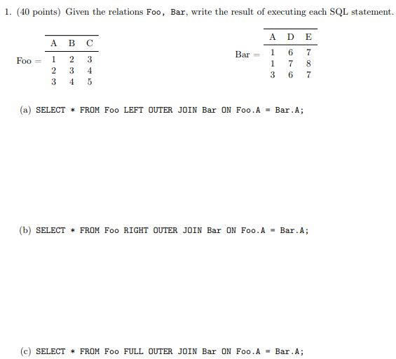 Solved 1. (40 points) Given the relations Foo, Bar, write | Chegg.com