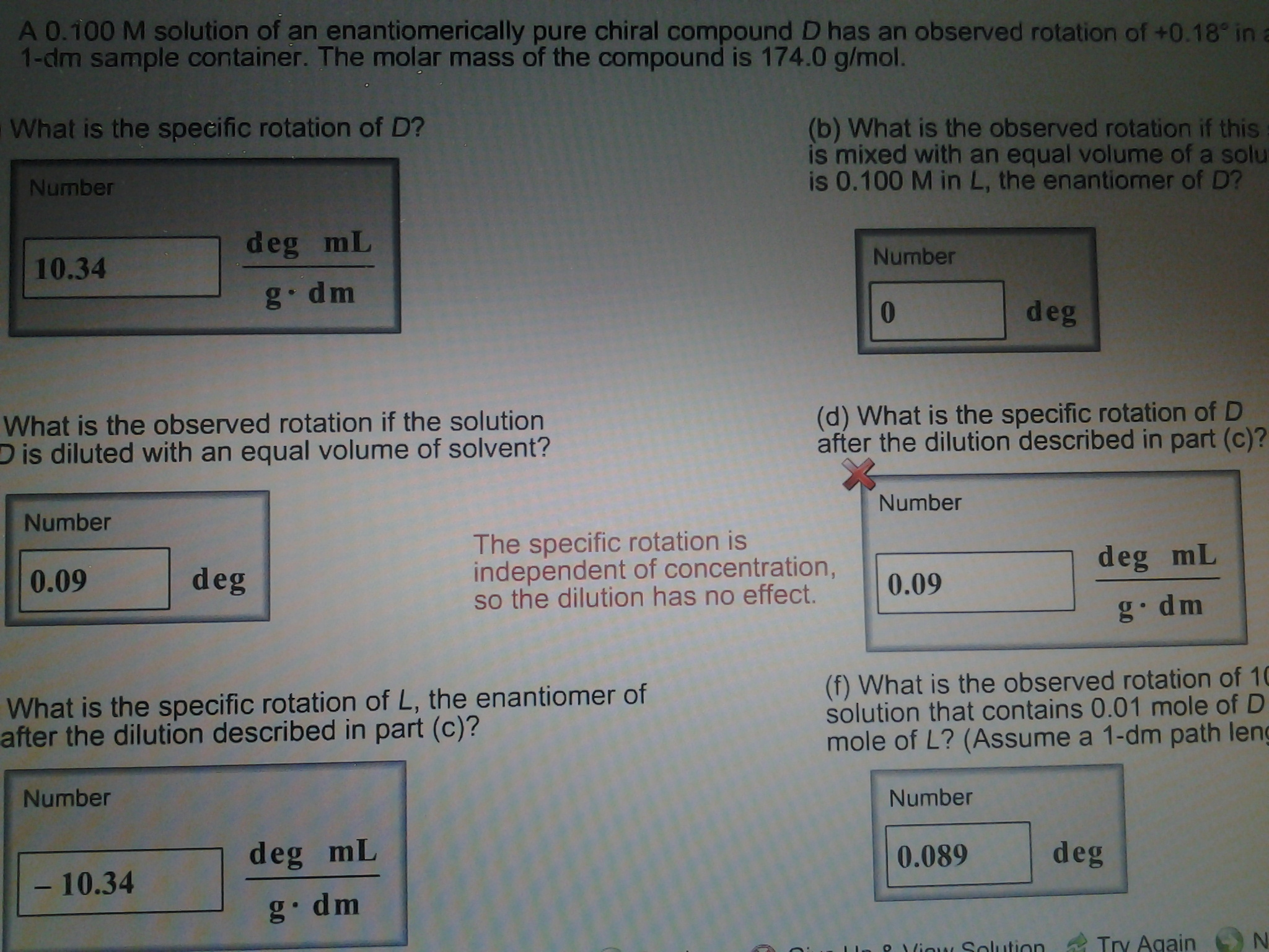 Solved A 0.100 M solution of an enantiomerically pure chiral | Chegg.com