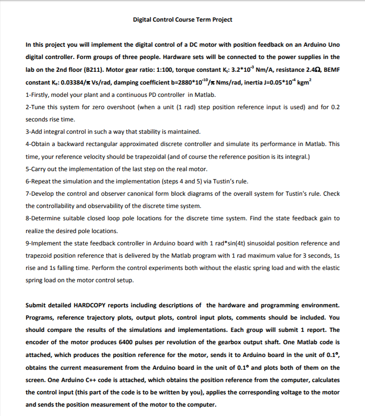 Digital Control Course Term Project In this project | Chegg.com