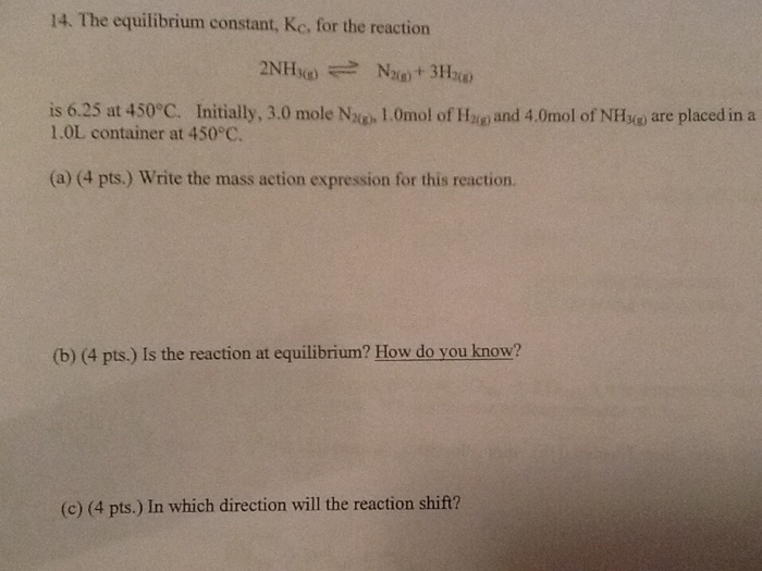 Solved 14. The equilibrium constant, Kc, for the reaction | Chegg.com