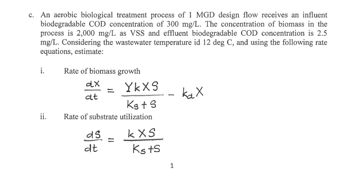 Solved c. An aerobic biological treatment process of 1 MGD | Chegg.com