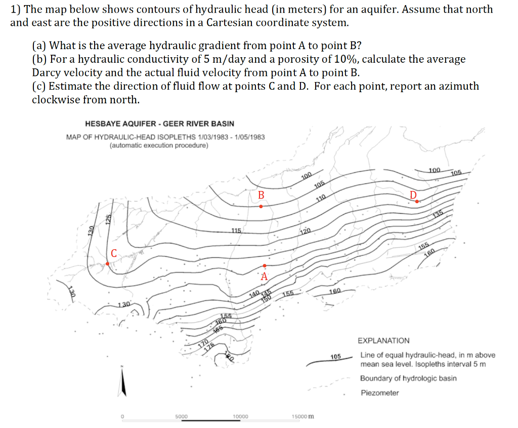 Solved 1) The map below shows contours of hydraulic head (in | Chegg.com