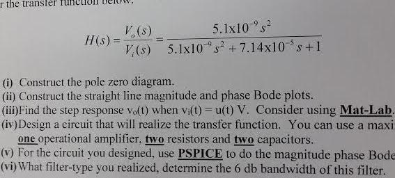 Solved For the transfer function below H(s), construct the | Chegg.com