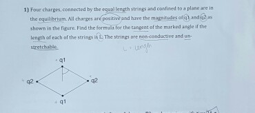 Solved Four charges, connected by the equal length strings | Chegg.com
