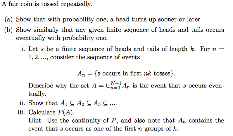 Solved A fair coin tossed repeatedly. Show that with | Chegg.com