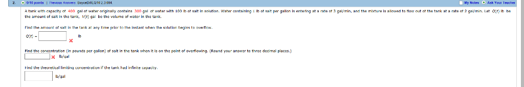 Solved A tank with capacity of 400 gal or water originally | Chegg.com