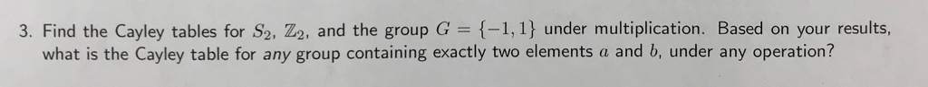 Solved 3. Find the Cayley tables for S2, 22, and the group G | Chegg.com