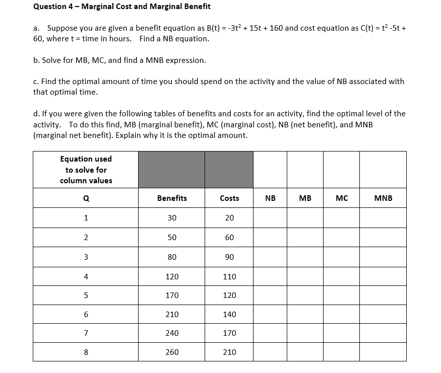 Solved Question 4 Marginal Cost and Marginal Benefit a. | Chegg.com