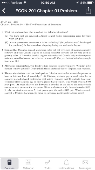 Solved ..ooo Verizon令 10:59 AM 84% ECON 201 Chapter 01 | Chegg.com Solved ..ooo Verizon令 10:59 AM 84% ECON 201 Chapter 01 | Chegg.com