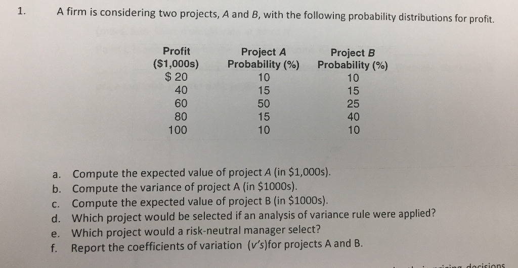 Solved 1. A firm is considering two projects, A and B, with | Chegg.com