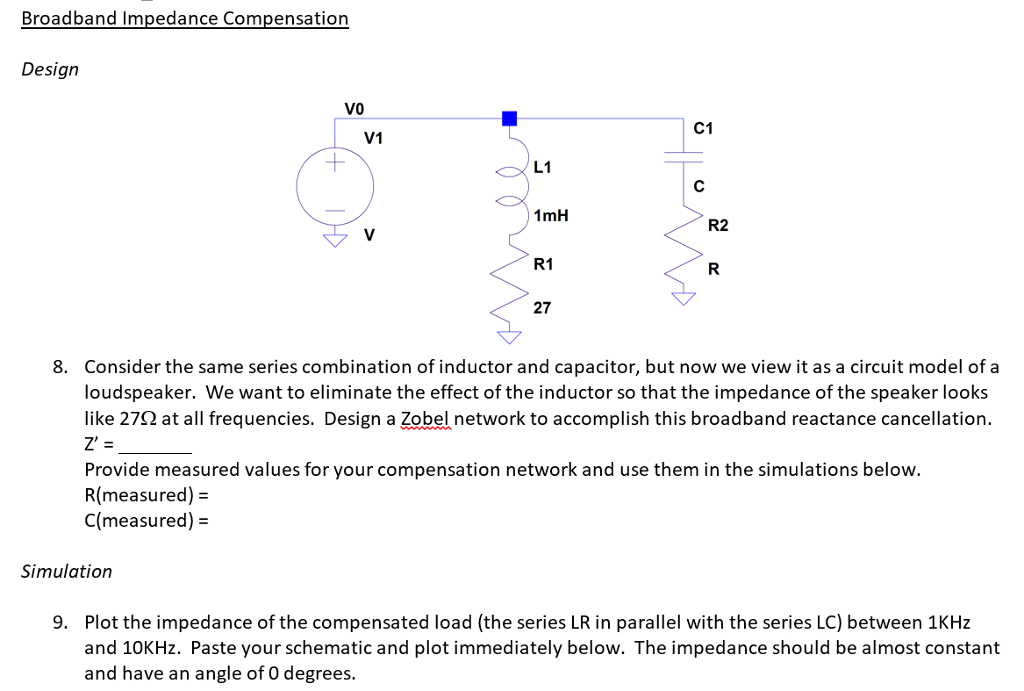 Broadband Impedance Compensation Design VO C1 V1 L1 | Chegg.com