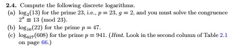 Solved 2.4. Compute the following discrete logarithms (a) | Chegg.com