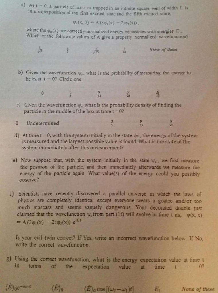 Solved At t = 0, a particle of mass m trapped in an infinite | Chegg.com