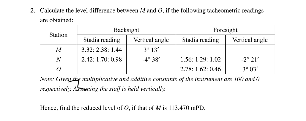 Solved 2. Calculate the level difference between M and O, if | Chegg.com