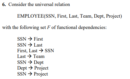 Solved 6. Consider the universal relation EMPLOYEE(SSN, | Chegg.com