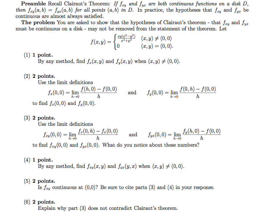 Preamble Recall Clairaut's Theorem: If f_xy and f_yx | Chegg.com