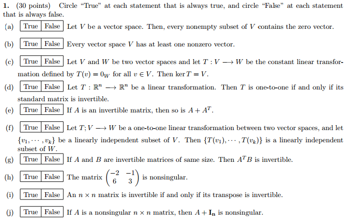 Solved Circle "True" at each statement that is always true, | Chegg.com