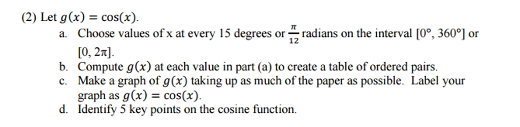 Solved Let g(x) = cos(x). Choose values of x at every 15 | Chegg.com