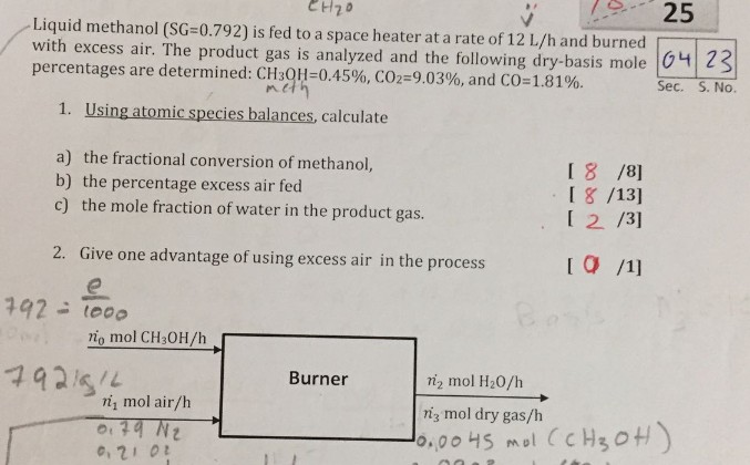 Solved CH2 Liquid methanol (SG 0.792) is fed to a space | Chegg.com