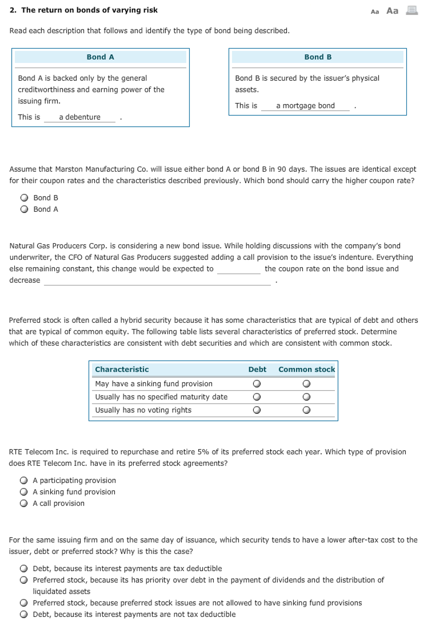 Solved 2. The return on bonds of varying risk Aa Aa Read | Chegg.com