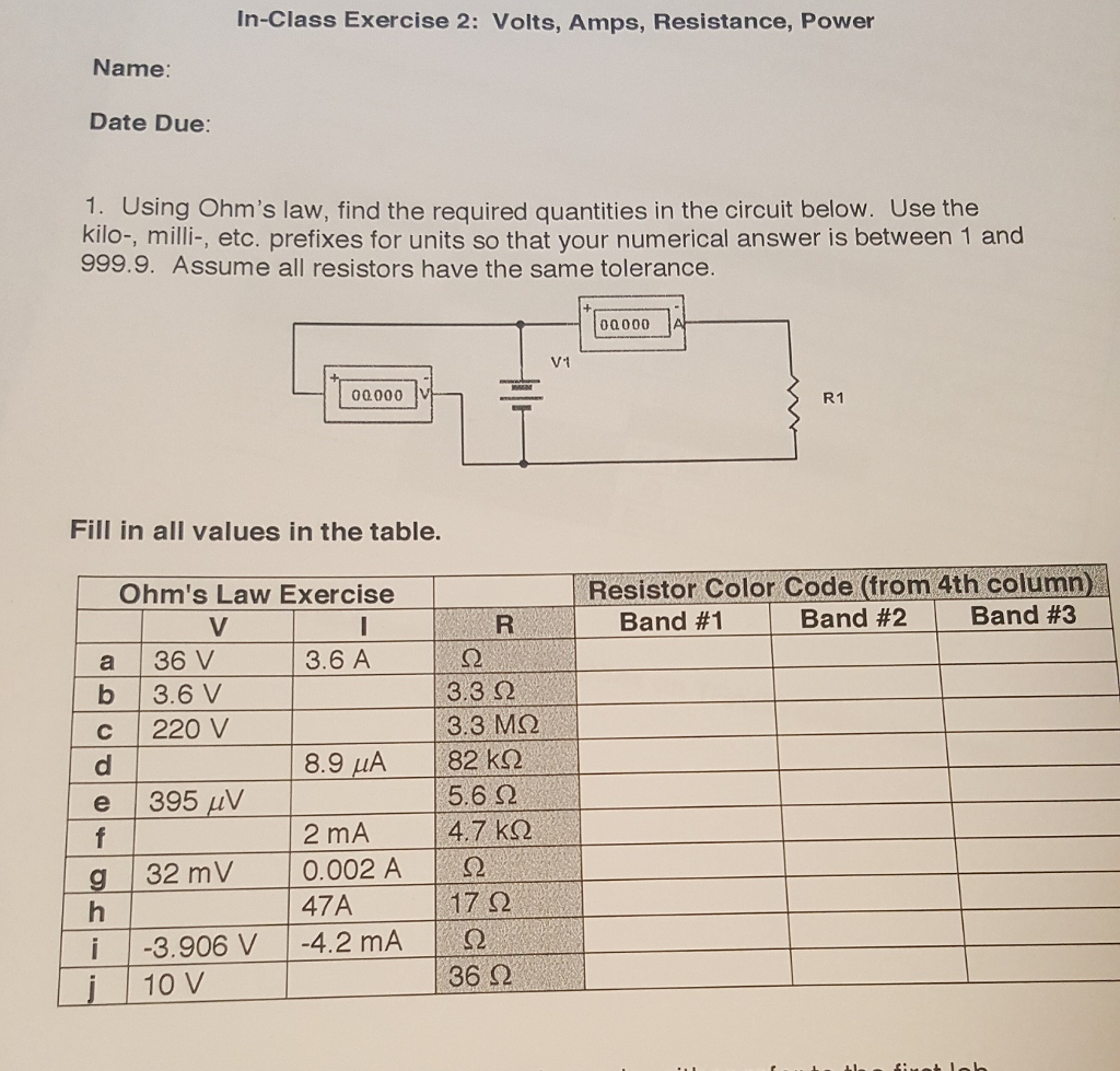 Solved InClass Exercise 2Resistance -: Volts, Amps, , Power | Chegg.com