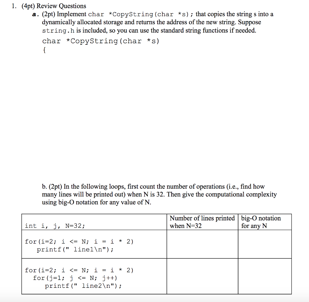 Solved 1. (4pt) Review Questions a. (2pt)Implement char | Chegg.com
