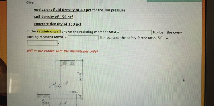 Solved Given equivalent fluid density of 40 pcf for the | Chegg.com