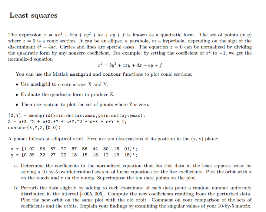 Least squares The expression z az? + bry + cy2 + dr + | Chegg.com