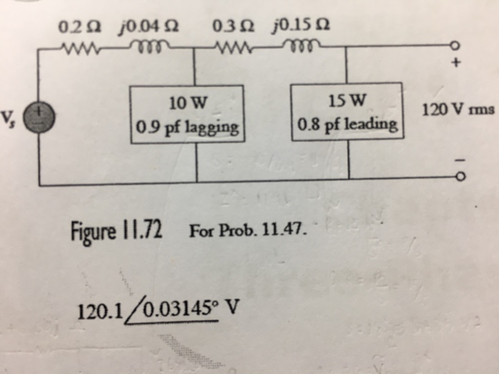 Solved 0.2 n j004 0.3 S2 j0.15 2 15 W 10 W 120V rms 09 pf | Chegg.com