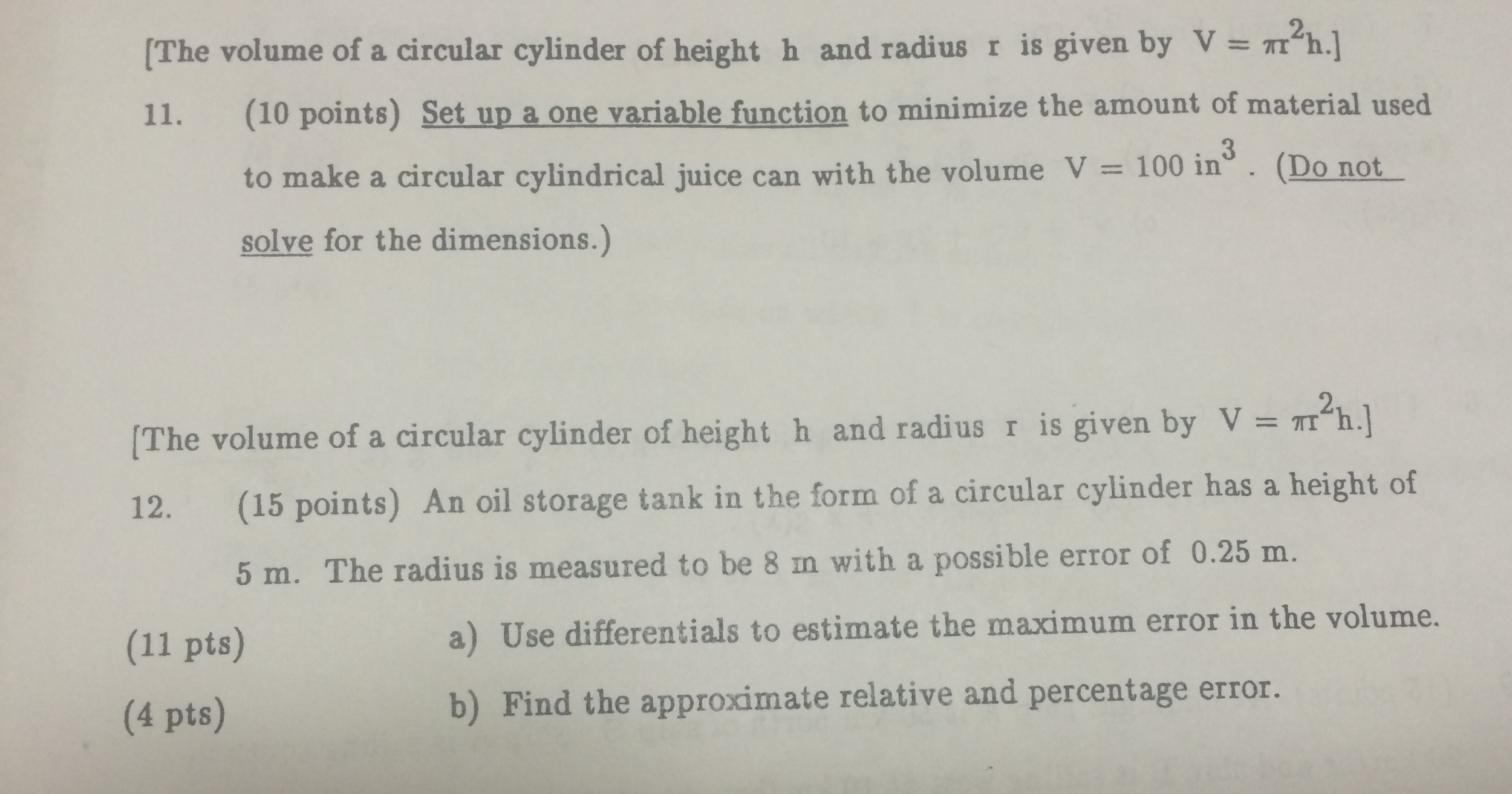 Solved [The volume of a circular cylinder of height h and | Chegg.com
