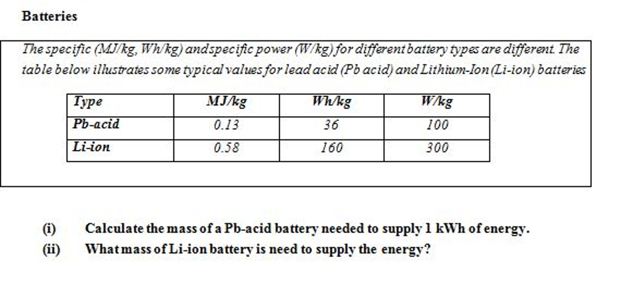 Solved The specific (MJ/kg, Wh/kg) and specific power | Chegg.com