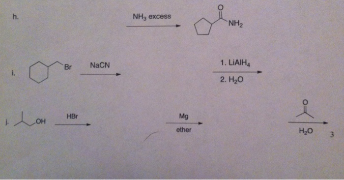Solved OH HBr NaCN NH3 excess Mg ether NH 1. LiAIH 2. H20 | Chegg.com