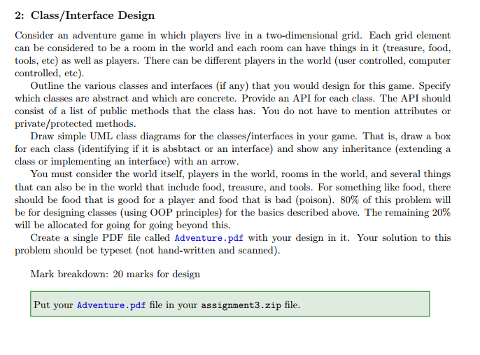2: Class/Interface Design Consider an adventure game | Chegg.com