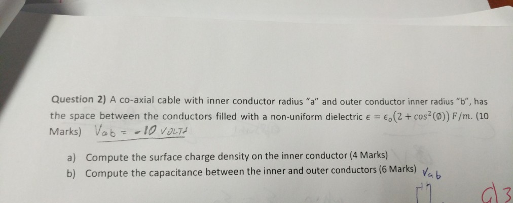 Solved Question 2) A co-axial cable with inner conductor | Chegg.com