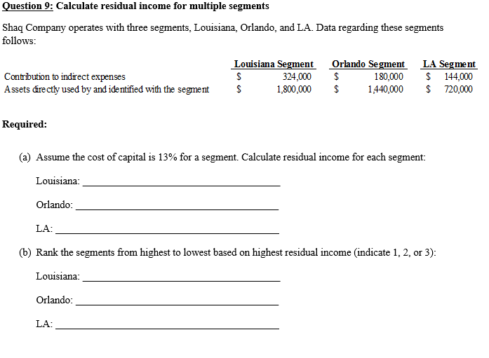 Solved Calculating residual income for multiple | Chegg.com