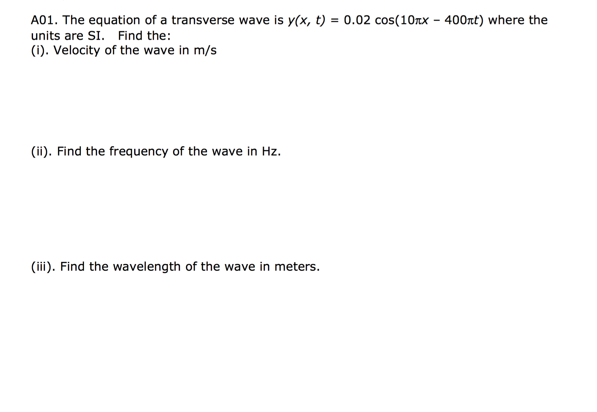 Solved The equation of a transverse wave is y(x, t) = 0.02 | Chegg.com