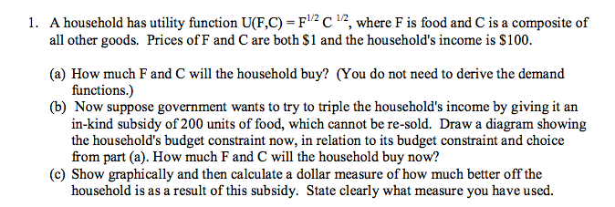 Solved A household has utility function U(F, C) = F^1/2 | Chegg.com