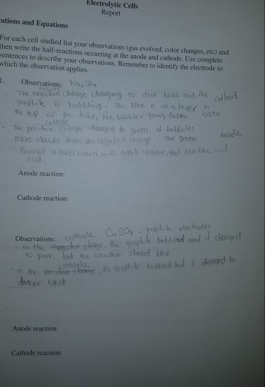 Electrolytic Cells Report ations and Equations For | Chegg.com