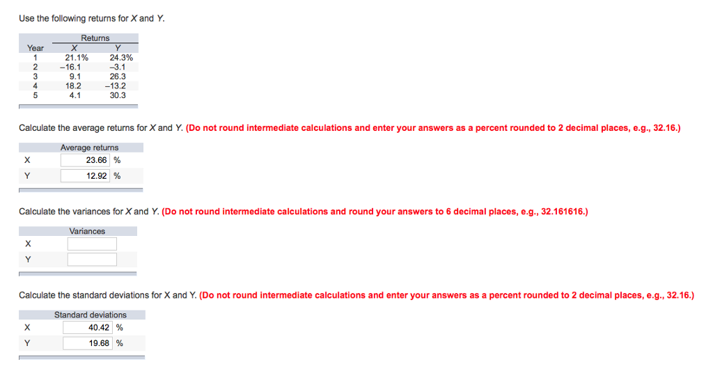 Solved Use the following returns for X and Y. Calculate the | Chegg.com
