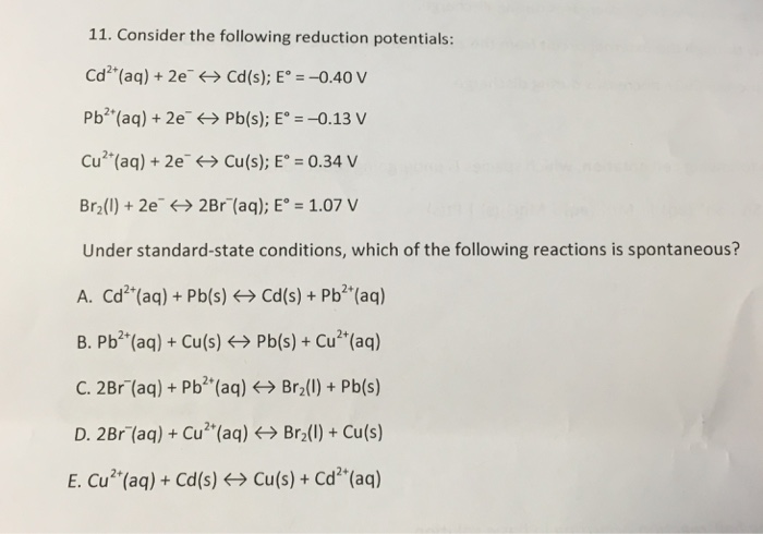 Solved Consider the following reduction potentials:Cd2'(a q) | Chegg.com