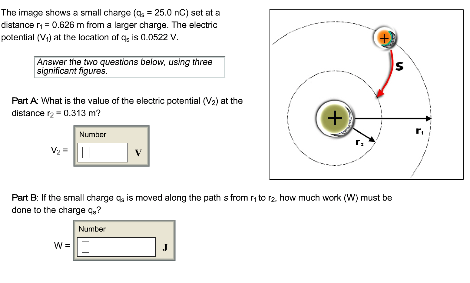 Solved The image shows a small charge (q_s = 25.0 nC) set at | Chegg.com