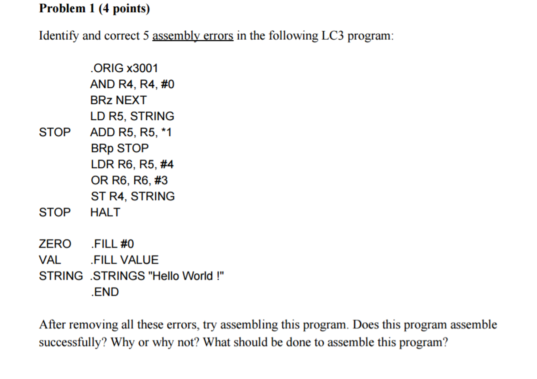 Identify and correct 5 assembly errors in the | Chegg.com