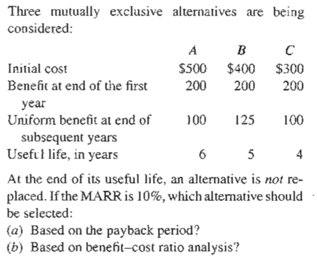 Solved Three mutually exclusive alternatives are being | Chegg.com