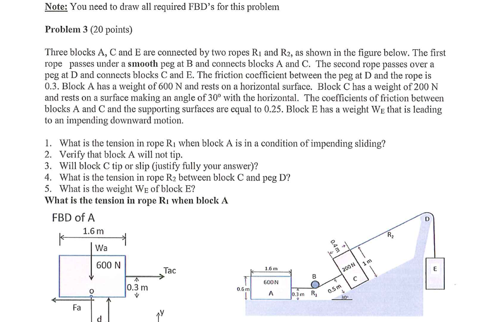 Solved Three blocks A, C and E are connected by two ropes | Chegg.com