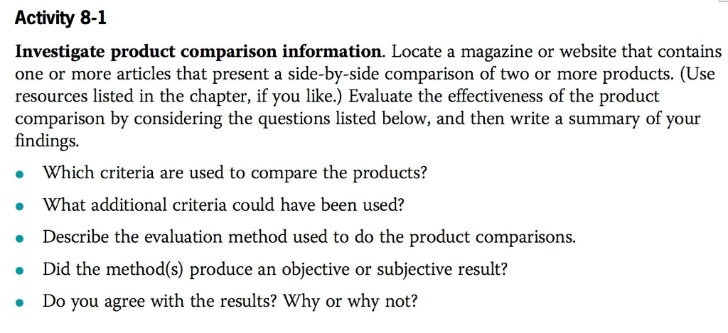 Solved Activity 8-1 Investigate product comparison | Chegg.com