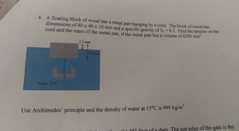 Solved 4. A floating block of wood has a mital part hanging | Chegg.com